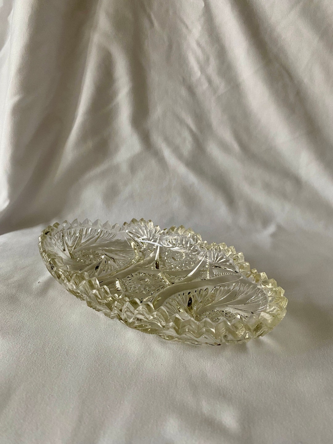 Vintage Sawtooth Cut Lead Crystal Oval Relish Dish, Nucut - Etsy