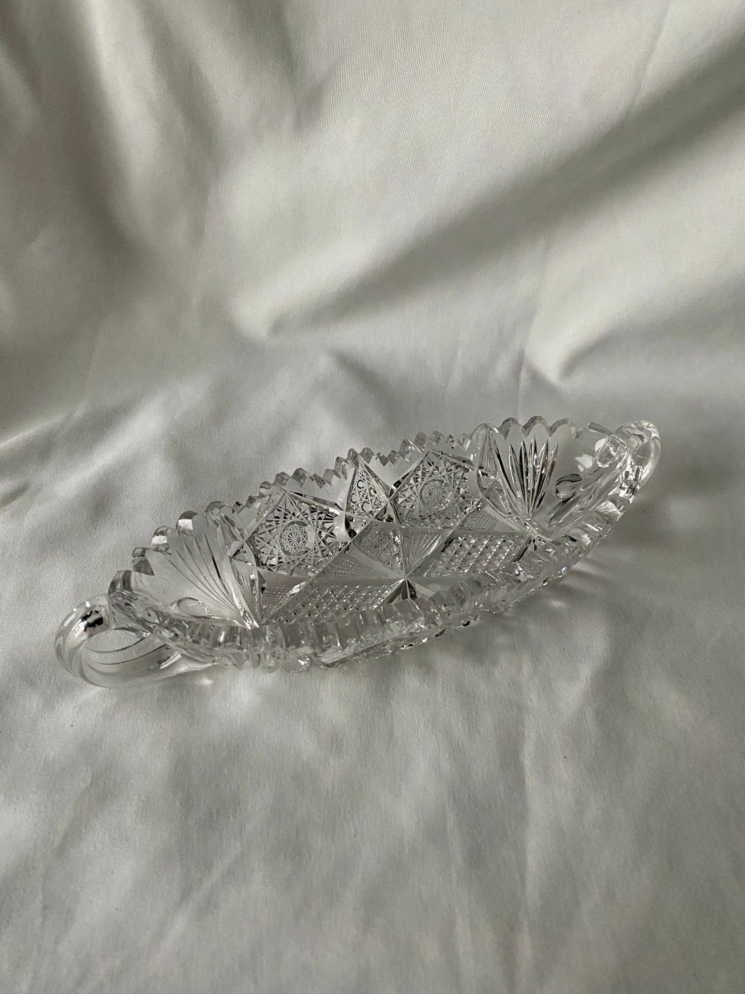 Crystal Cut Boat Shaped Dish With Handles, Celery Relish Serving Dish ...