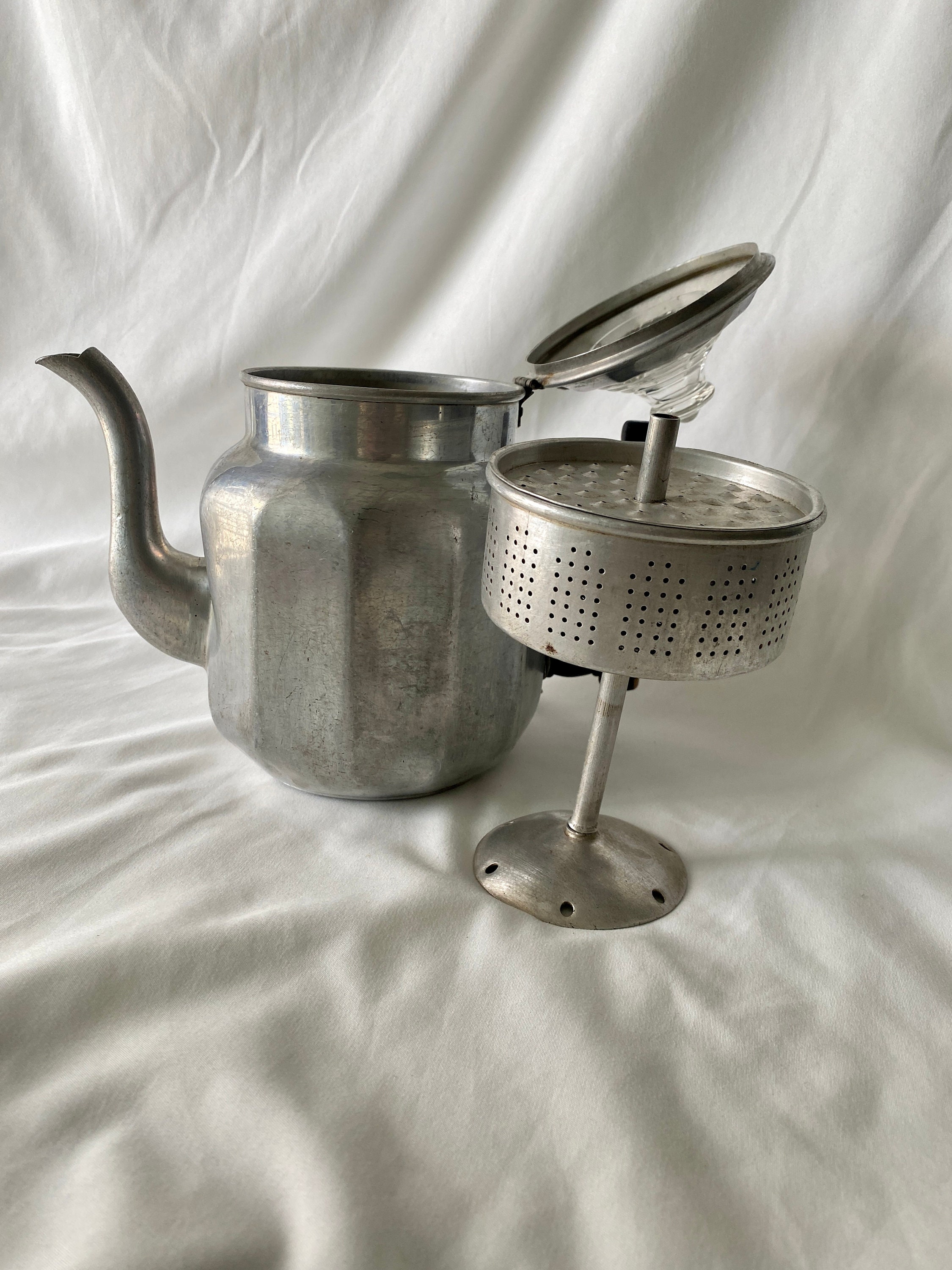 Vintage Aluminum Coffee Percolator Pot With Wood Handle and Glass Top ...