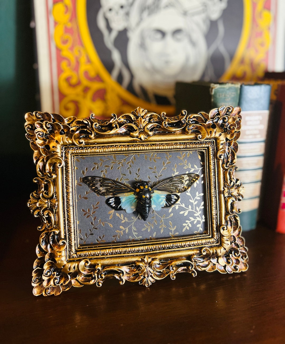 Real Framed Blue Cicada Tosena Splendida Gold Antique Vintage Resin ...