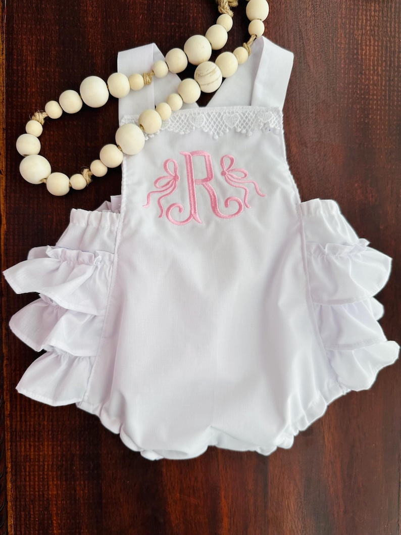 Baby Girl Ruffle Romper, White Bubble Romper, Personalized Outfit, Baby Girl Romper With Initial ...