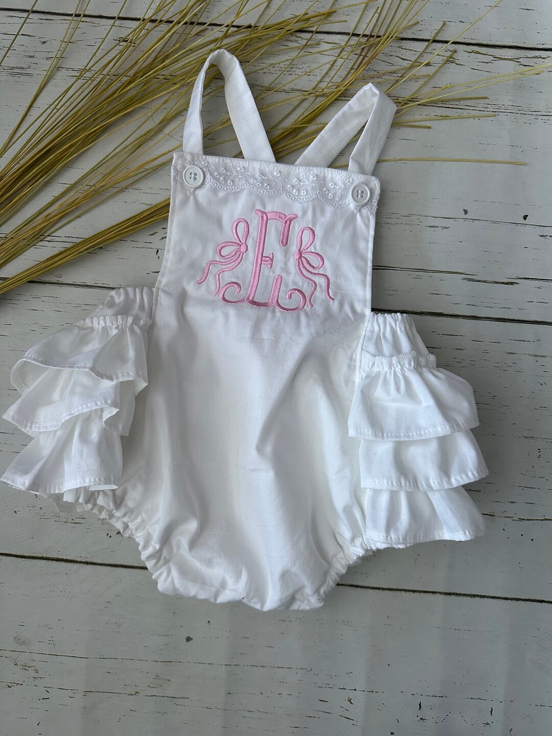 Baby Girl Ruffle Romper, White Bubble, Personalized Romper With Initial. - Etsy