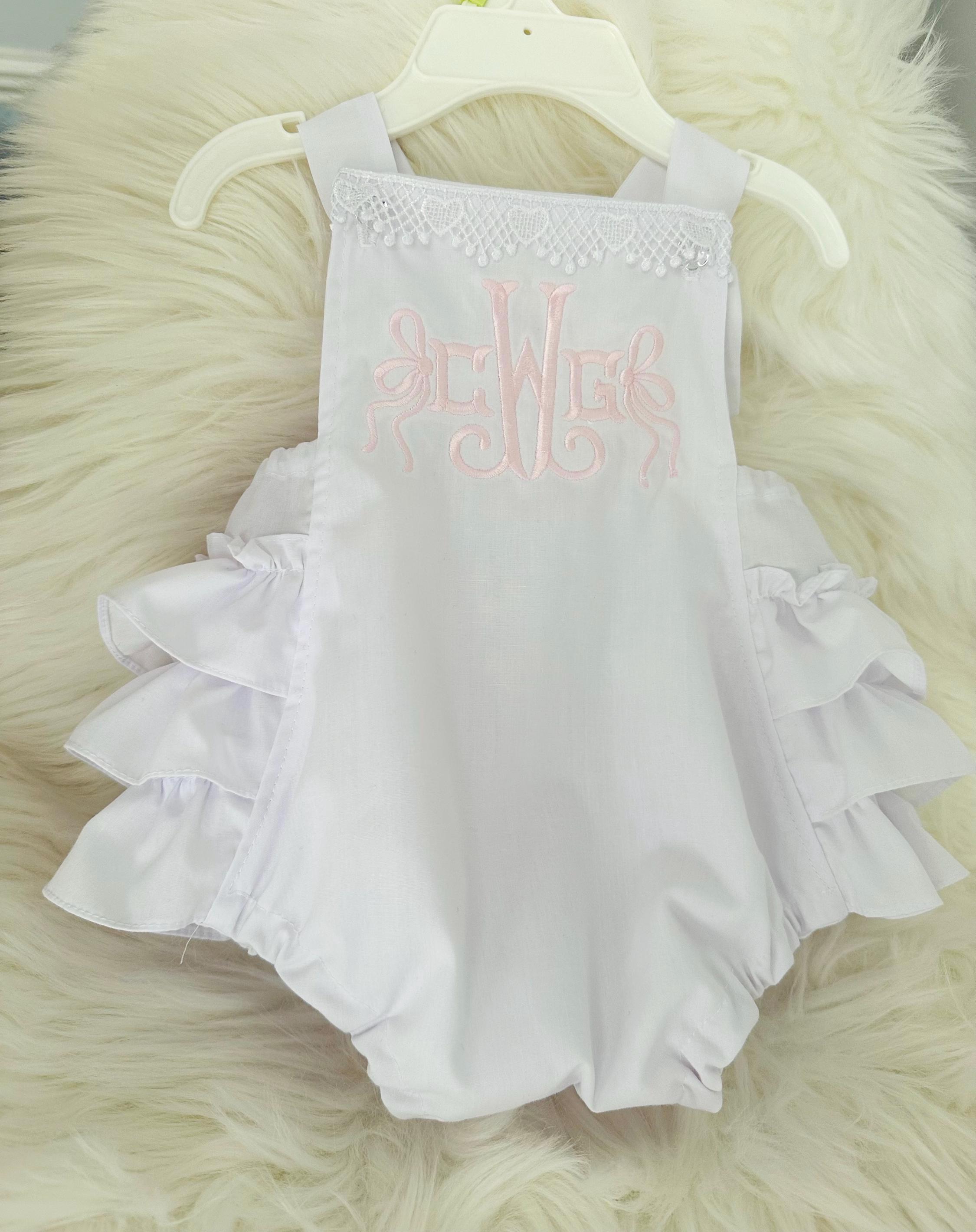 Baby Girl Ruffle Romper, White Bubble Romper, Personalized Outfit, Baby Girl Romper With Initial ...