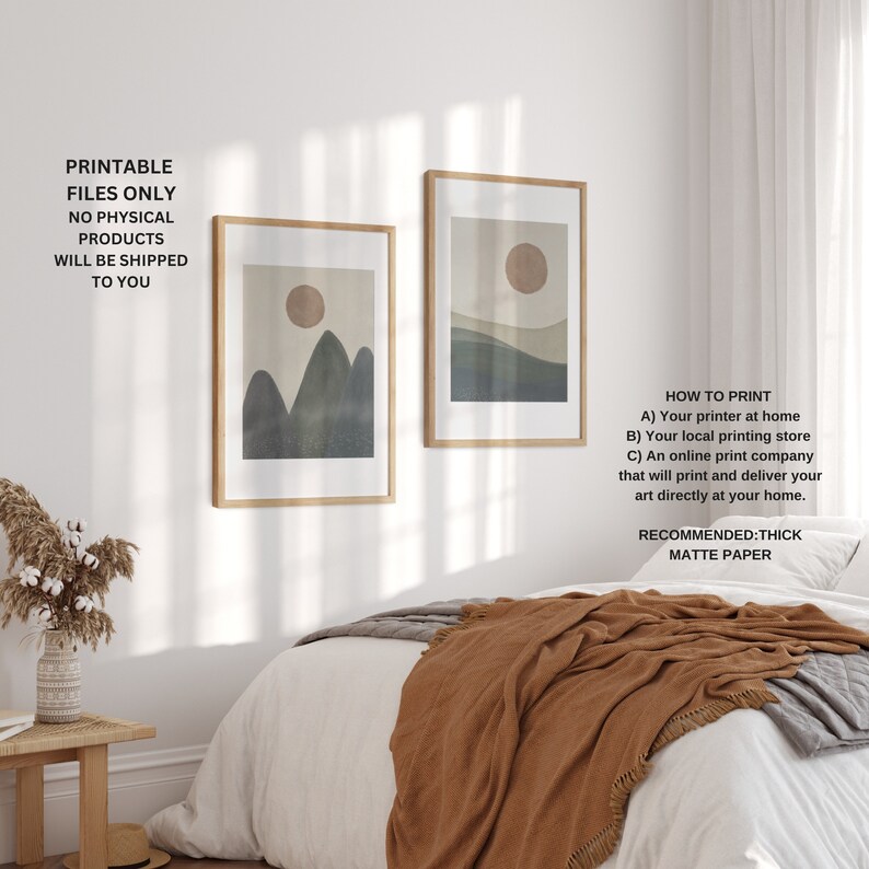 Sage Green Boho Scenery Printable Wall Art Set, Abstract Mountain Waves and Sun Print, Modern ...