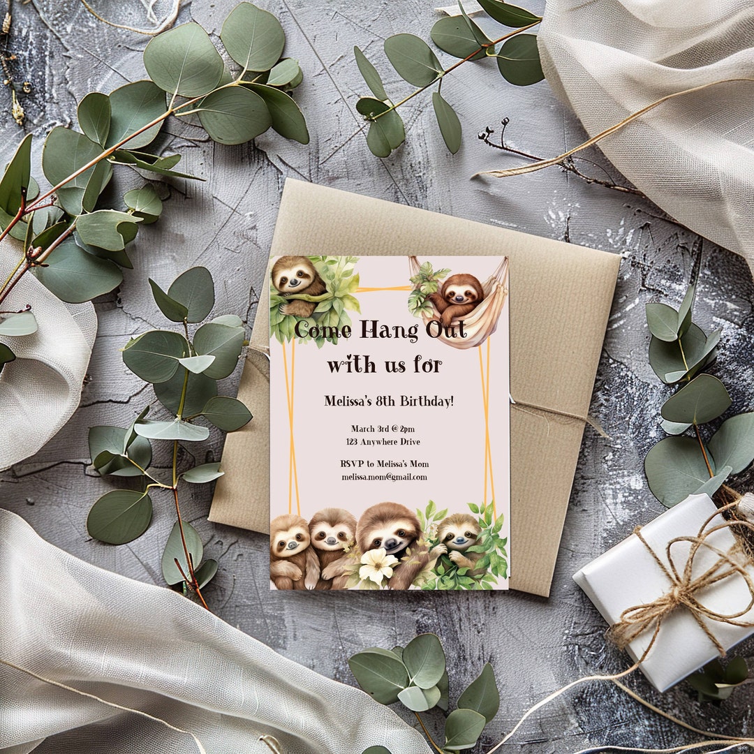 Editable Sloth Birthday Party Invitation, Slot Birthday, White and ...