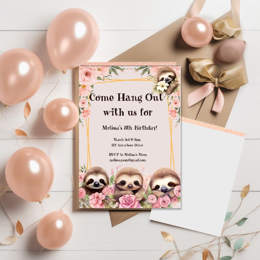 Editable Sloth Birthday Party Invitation, Slot Birthday, Pink Sloth ...