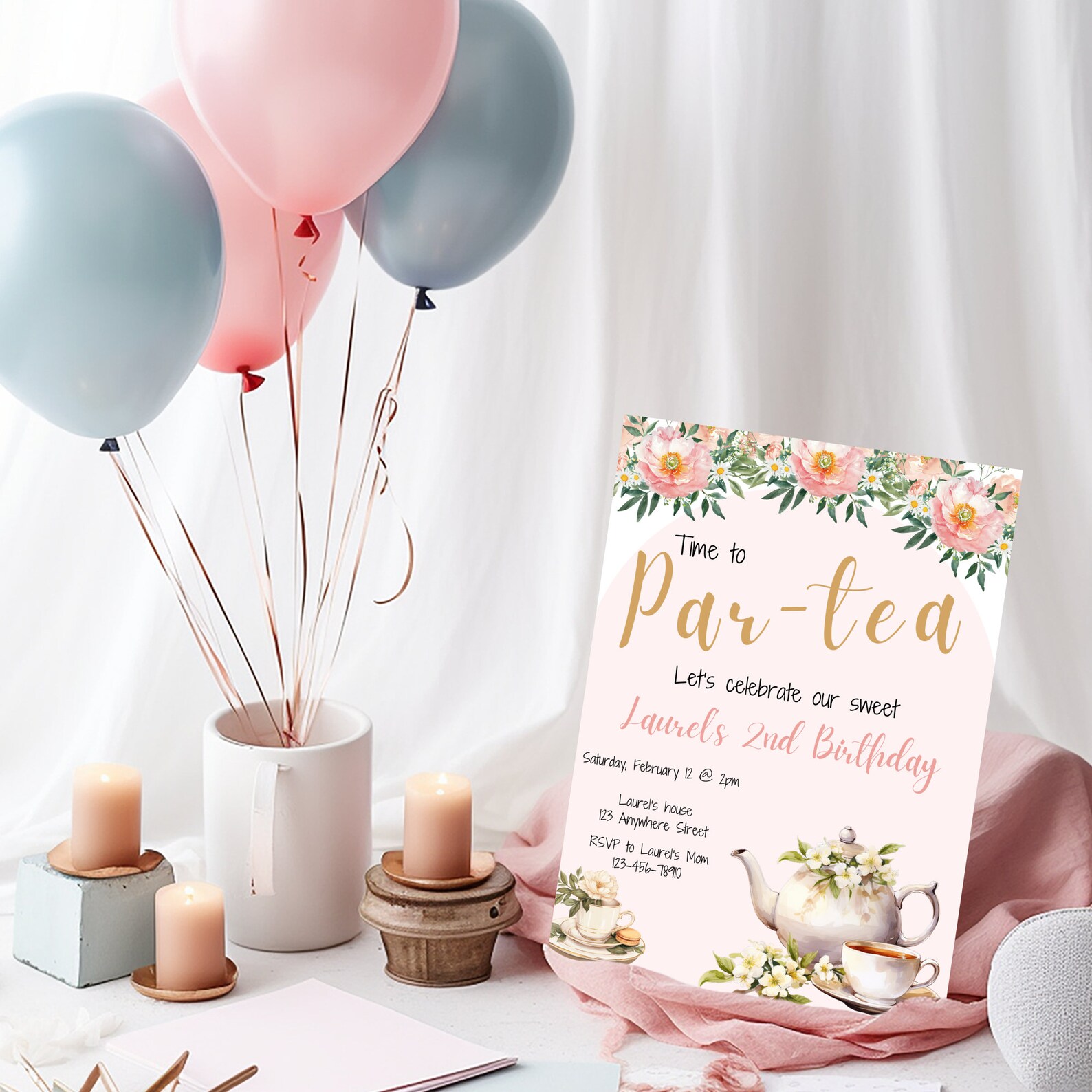 Editable Tea Party Invitation, Par-tea Birthday Invitation, Tea ...