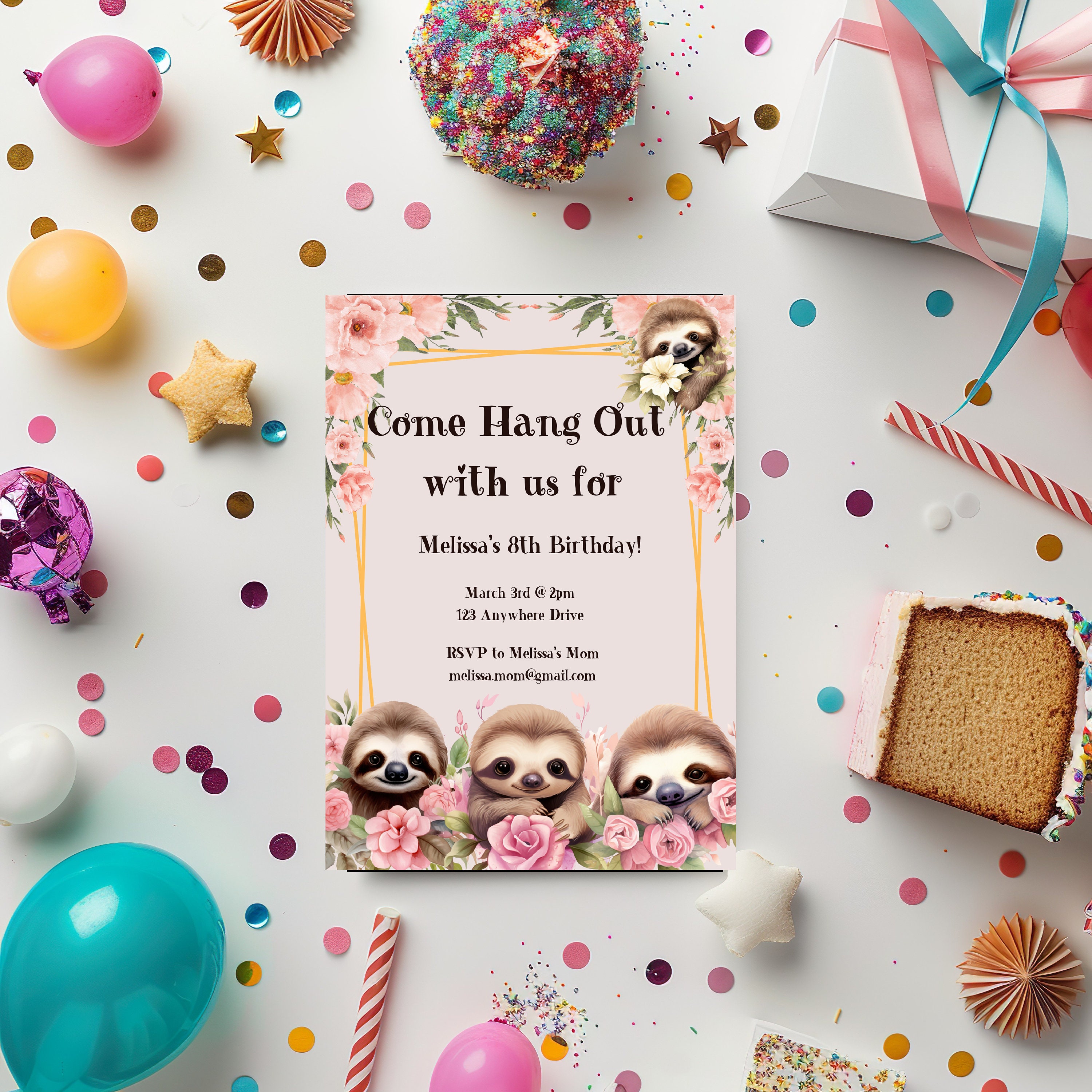 Editable Sloth Birthday Party Invitation, Slot Birthday, Pink Sloth ...