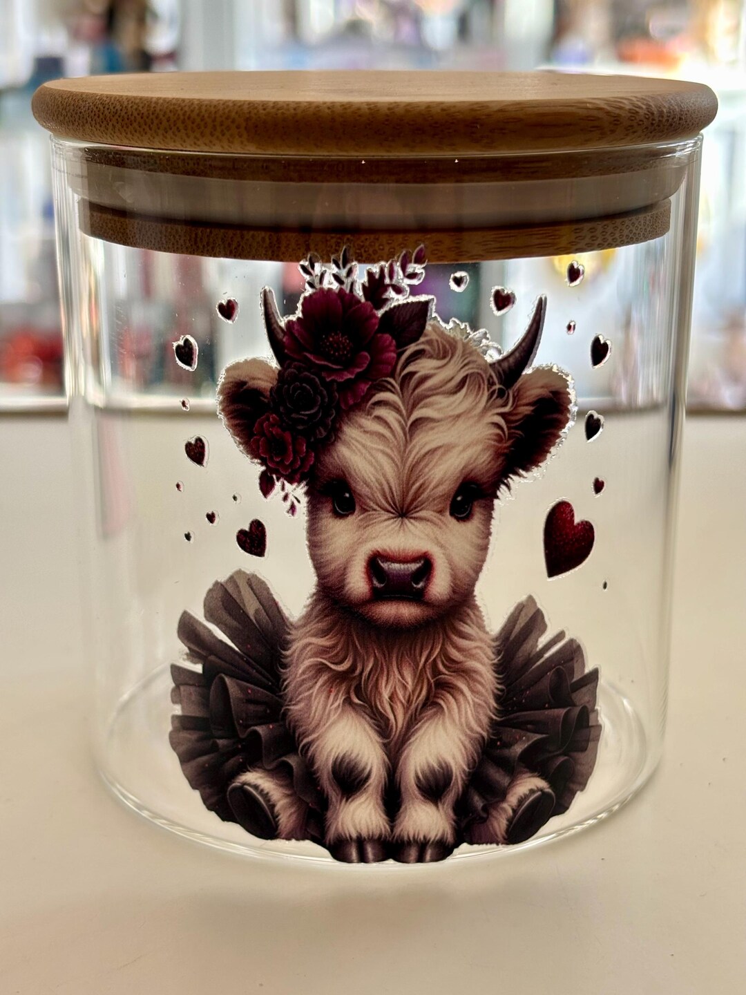 Adorable Baby Highland Cow Glass Container With Wooden Lid 750ml Sweets ...