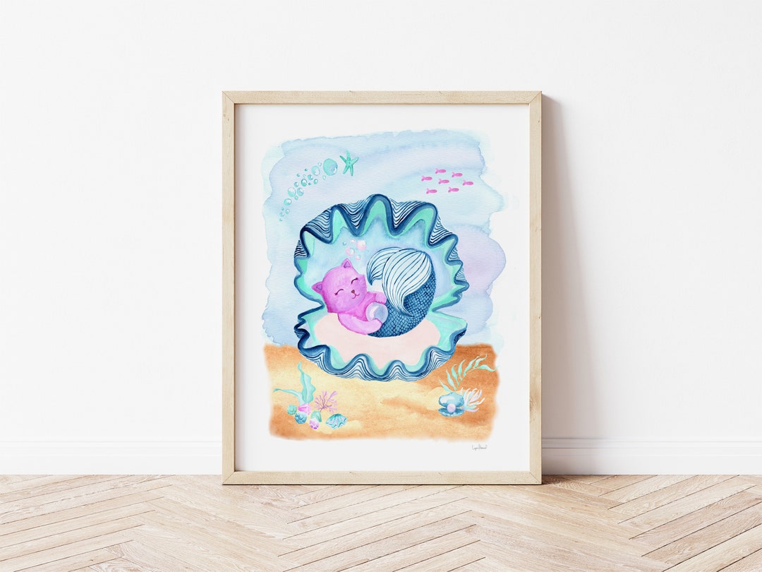 Mermaid Nursery Decor, Mermaid Cat Print, Under the Sea Wall Art, Ocean ...