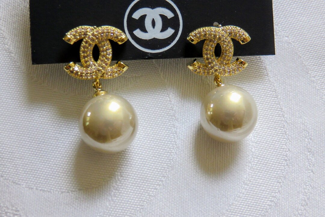 Gold Pearl CC Crystals Interlocking Double CC Drop Earrings in Gold - Etsy