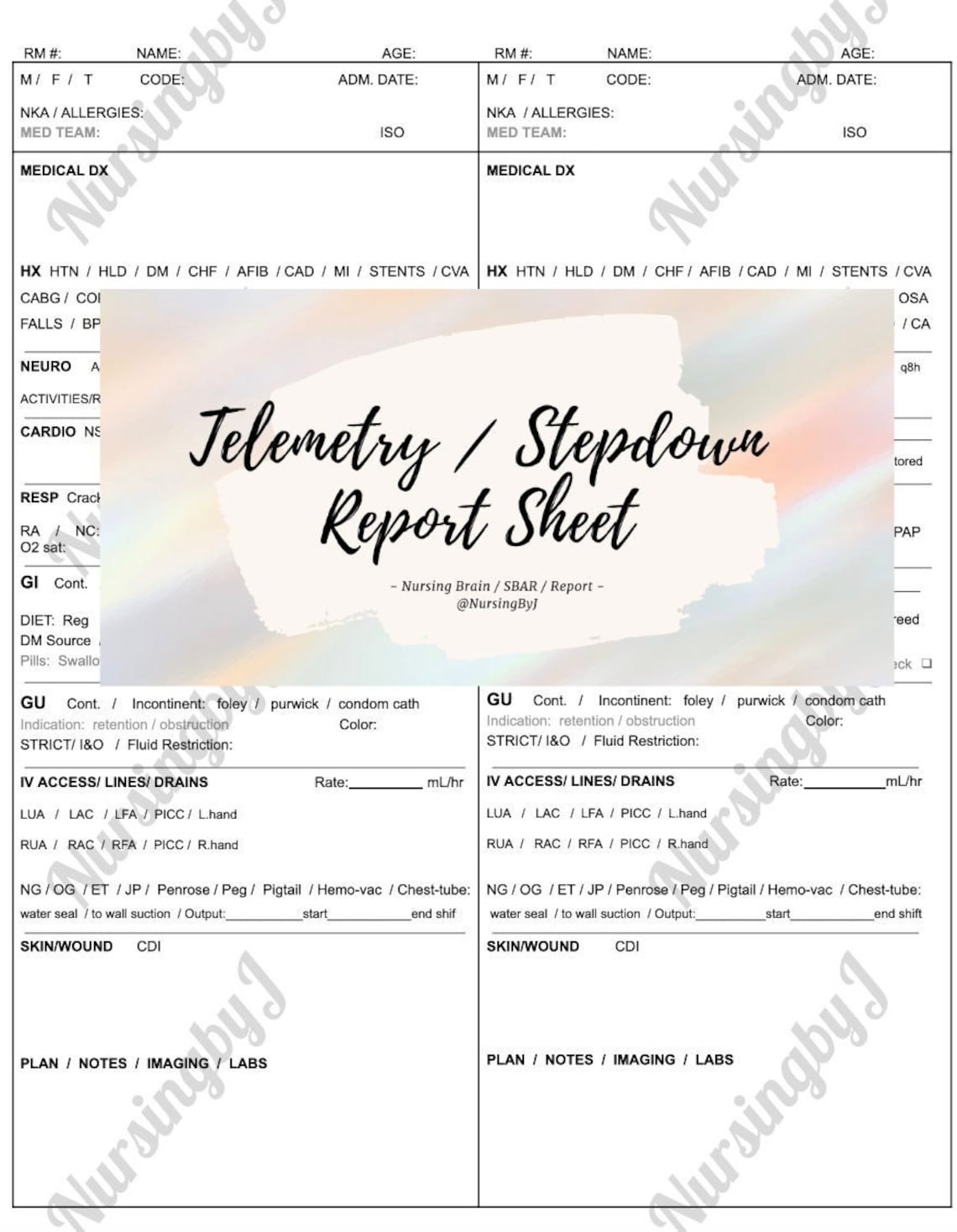 Nursing Report Sheet | 2-patient Nurse Brain | SBAR | Telemetry & PCU ...