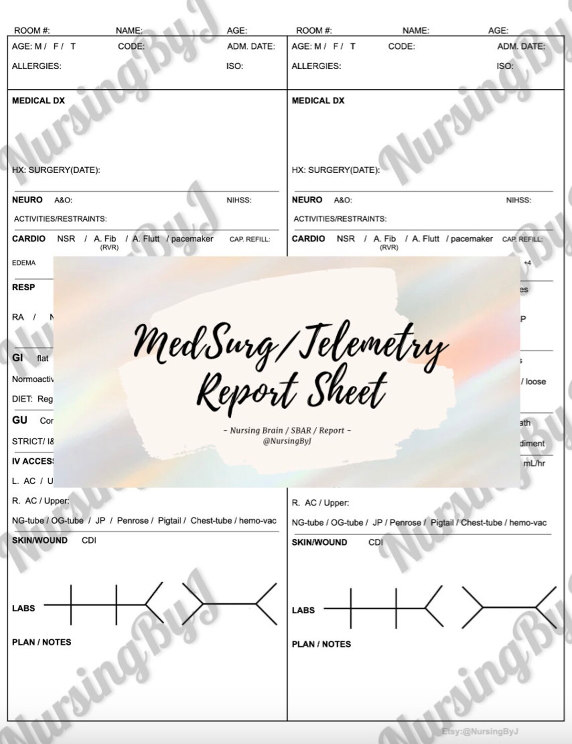 Nursing Report Sheet 2-patient Nurse Brain SBAR Med Surg & Telemetry ...