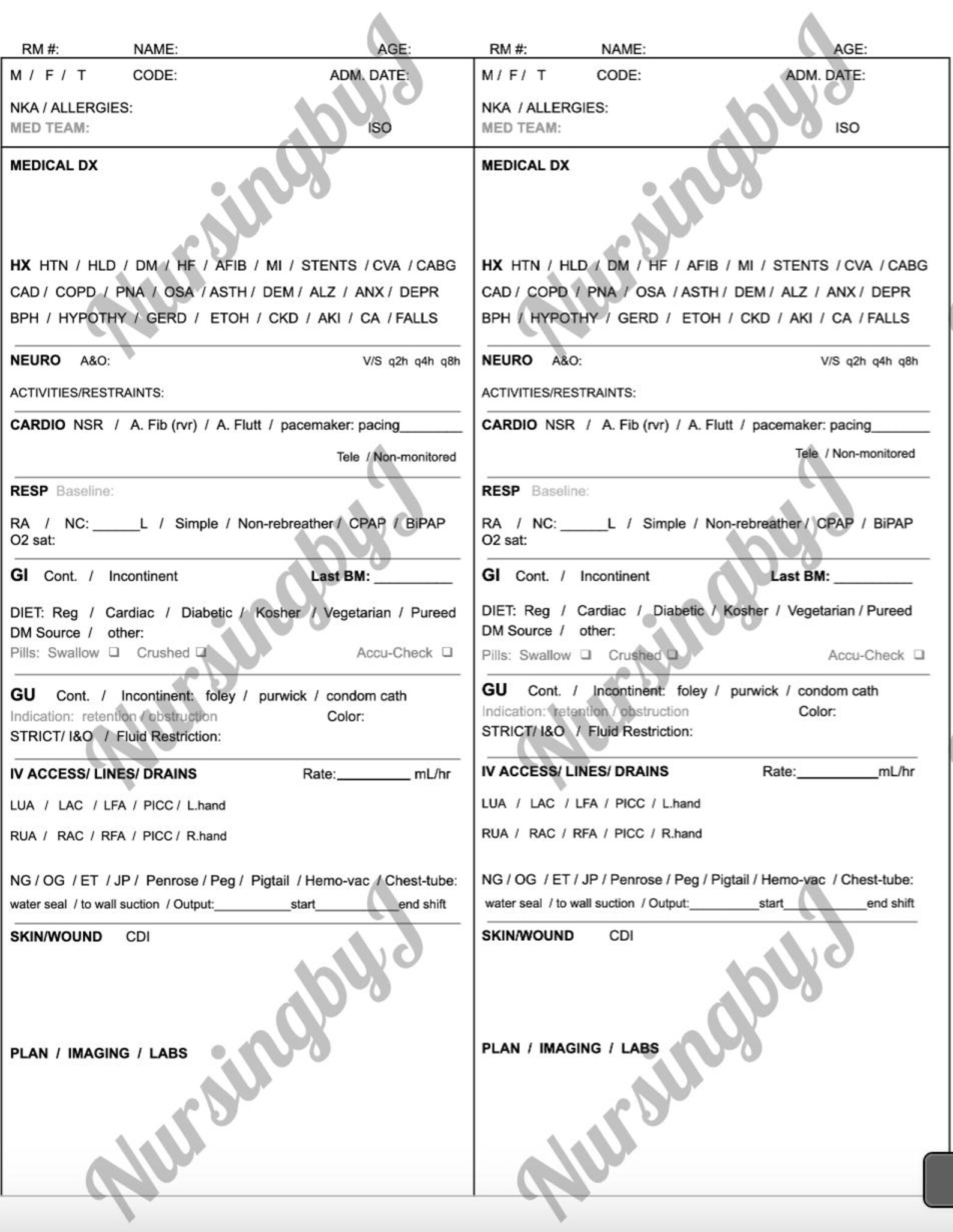 Nursing Report Sheet | 2-patient Nurse Brain | SBAR | Telemetry & PCU ...