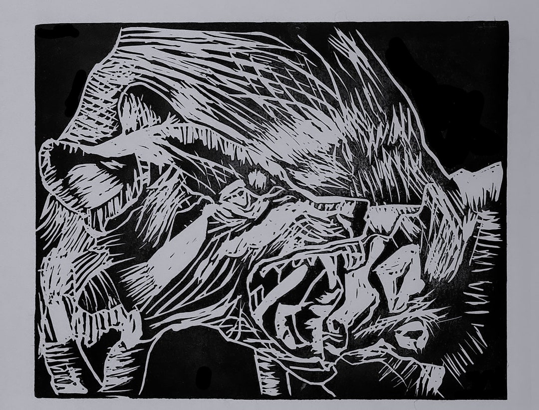 Wolves Fighting - Original Linocut Print, First Edition - Etsy