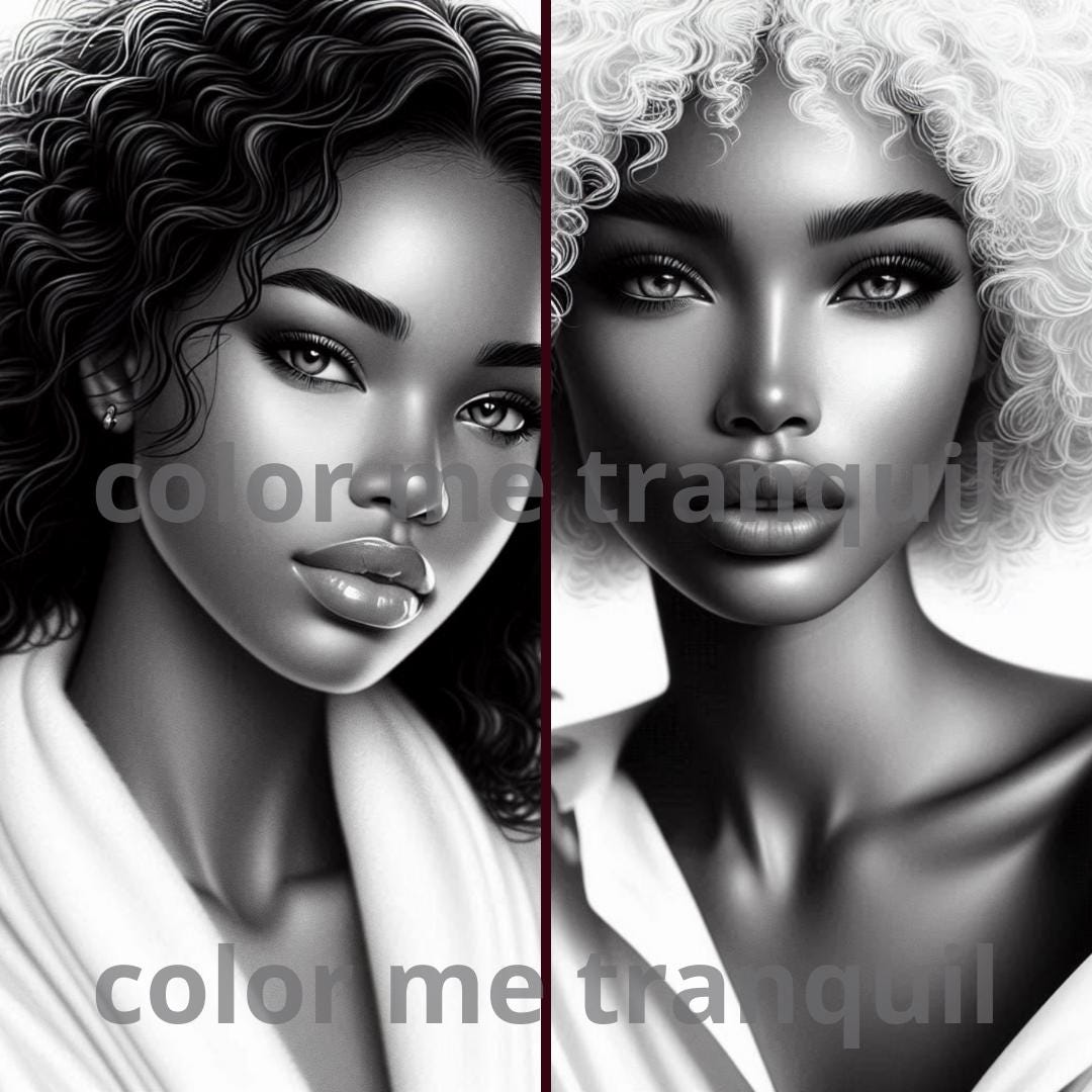 Grayscale Portrait Coloring Pages | Black Beauties (printable PDF) - Etsy