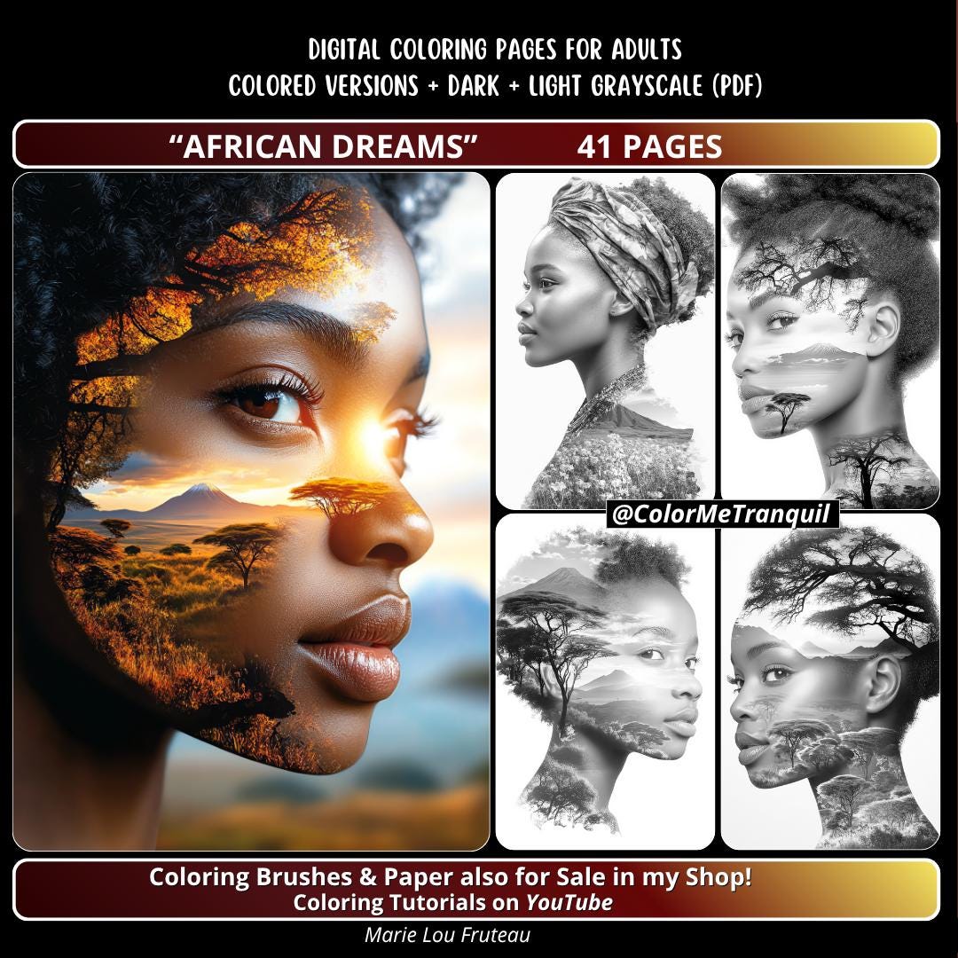 African Dreams Grayscale Coloring Book – Adult PDF Pages (digital ...
