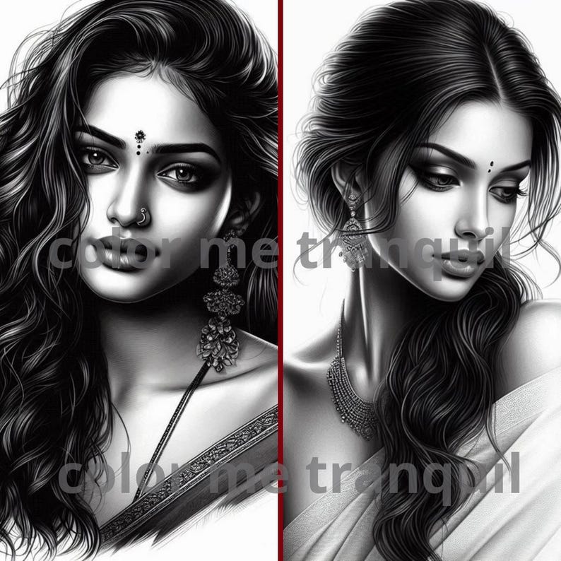 31 Indian Beauties Grayscale Coloring Pages (PDF Download) - Etsy