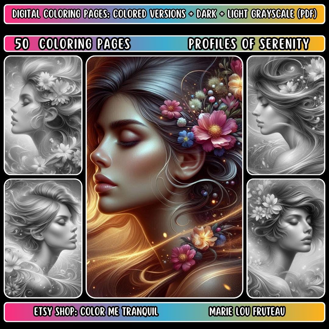 50 Grayscale Realistic Women Portraits Coloring Pages (PDF) - Profiles ...