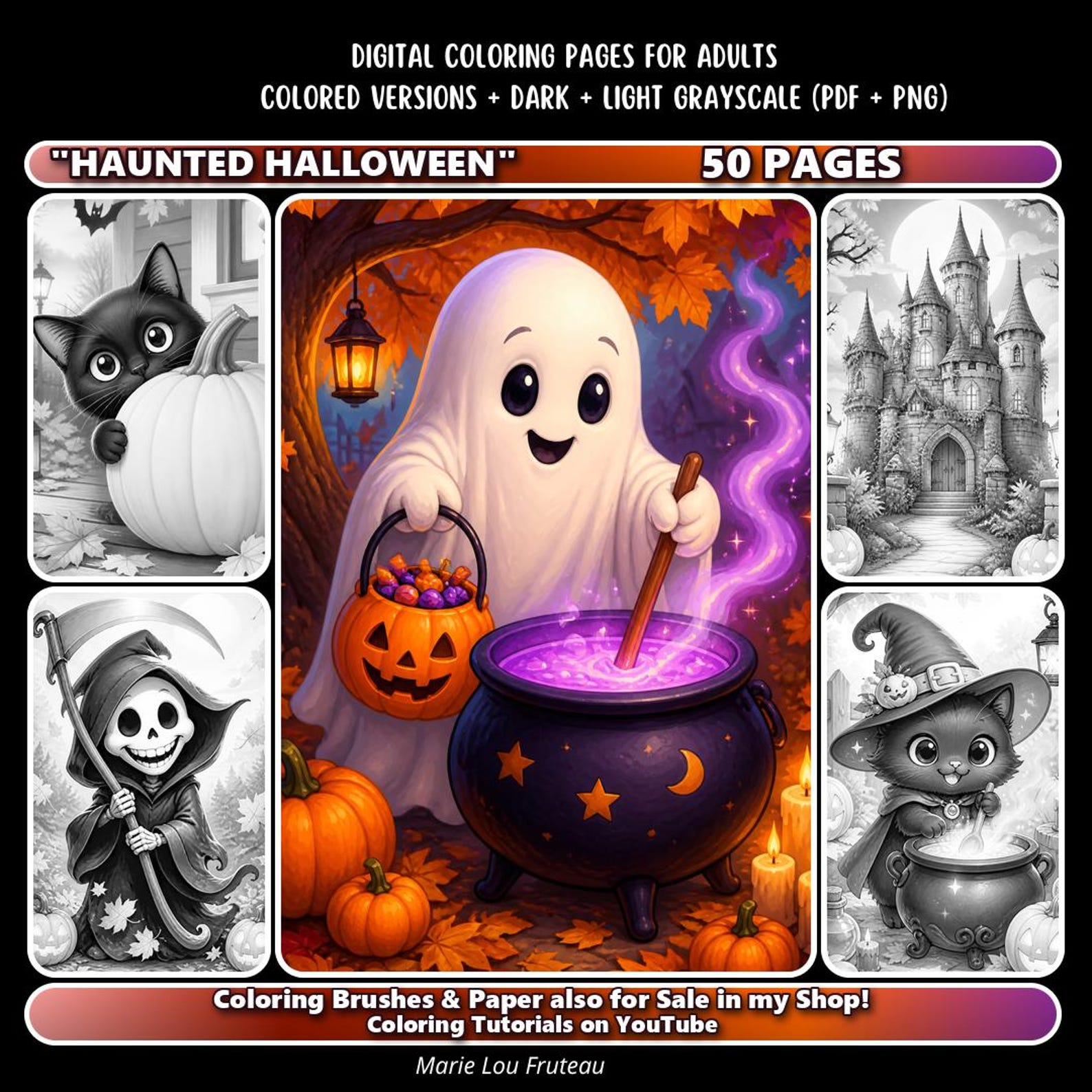 Haunted Halloween Grayscale Coloring Book for Adults, 50 Pages ...