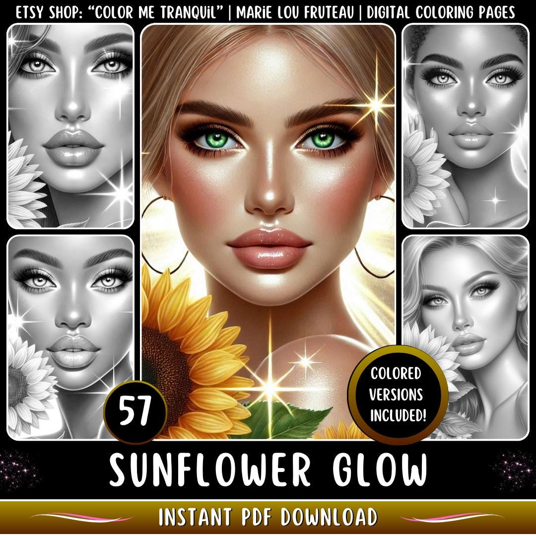 57 "sunflower Glow" Printable Grayscale Coloring Pages for Adults ...