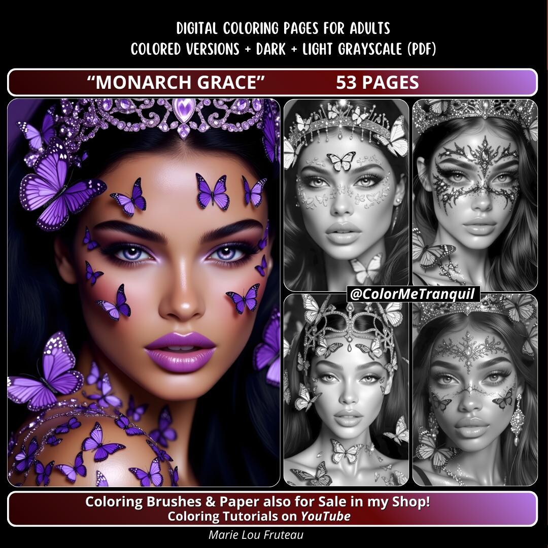 Adult Grayscale Coloring Book, Realistic Women Portraits, Butterflies ...