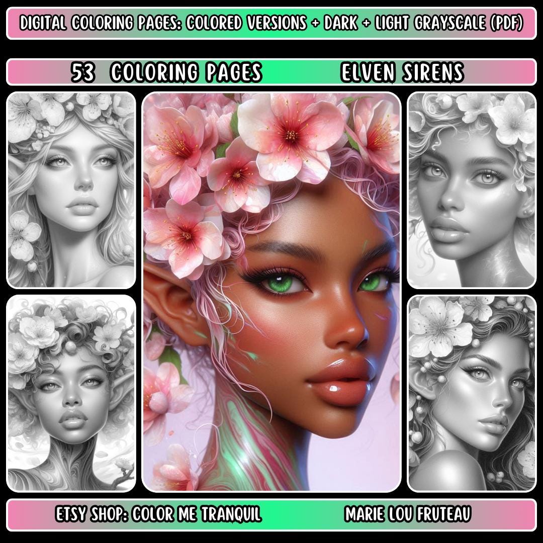 53 "elven Sirens" Grayscale Coloring Pages for Adults | Beautiful Women ...