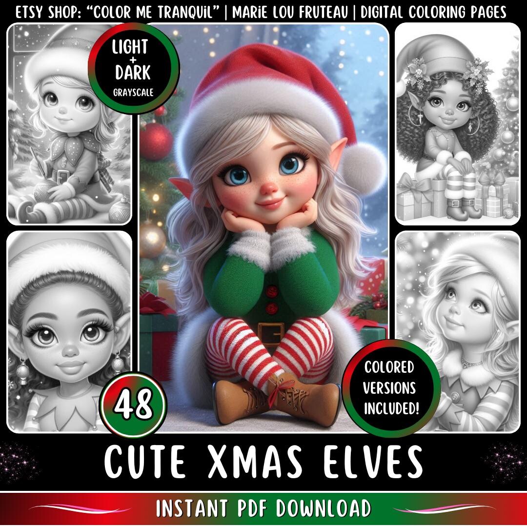 48 "cute Xmas Elves" Grayscale Coloring Pages to Download | Christmas ...