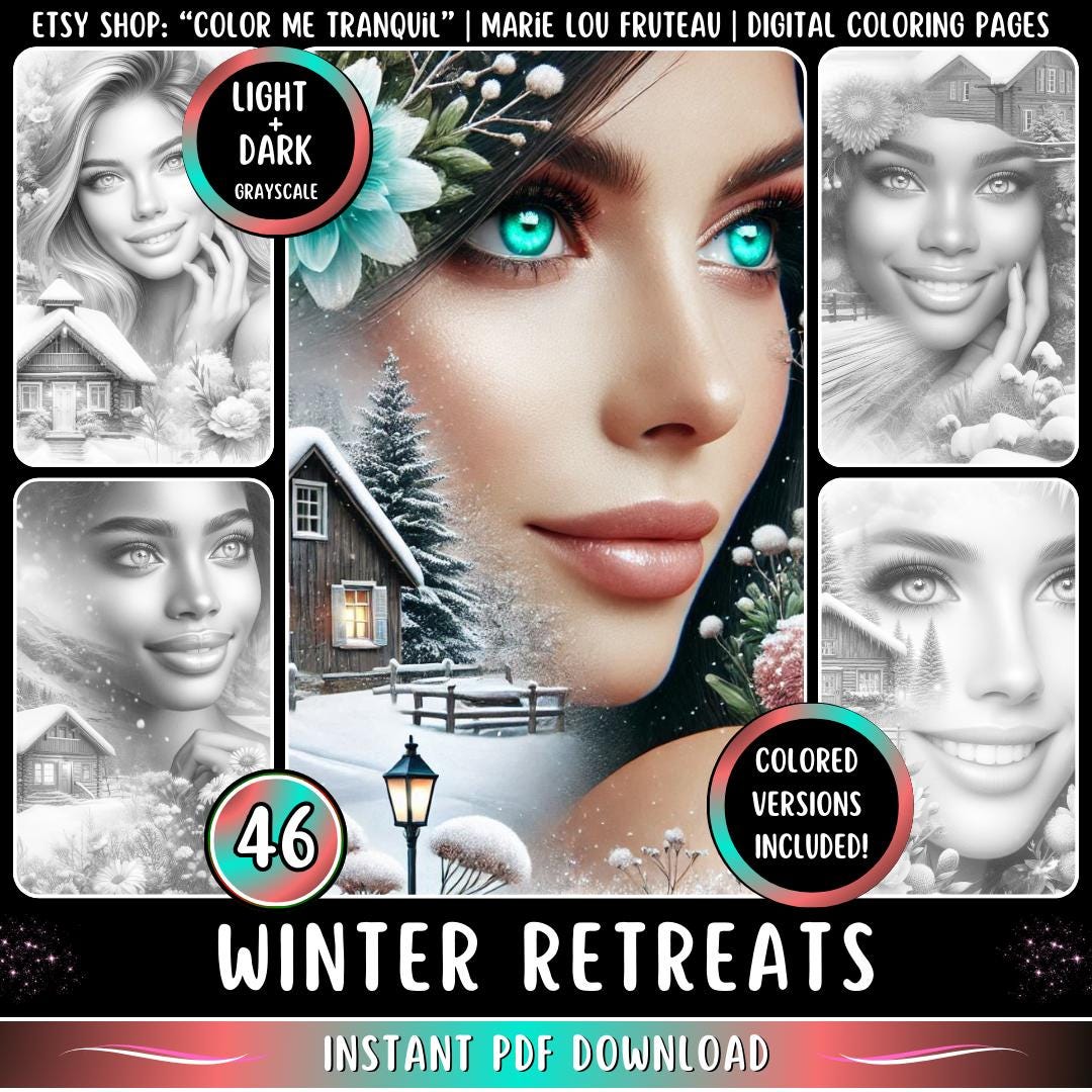 46 "winter Retreats" Printable Grayscale Coloring Pages for Adults ...
