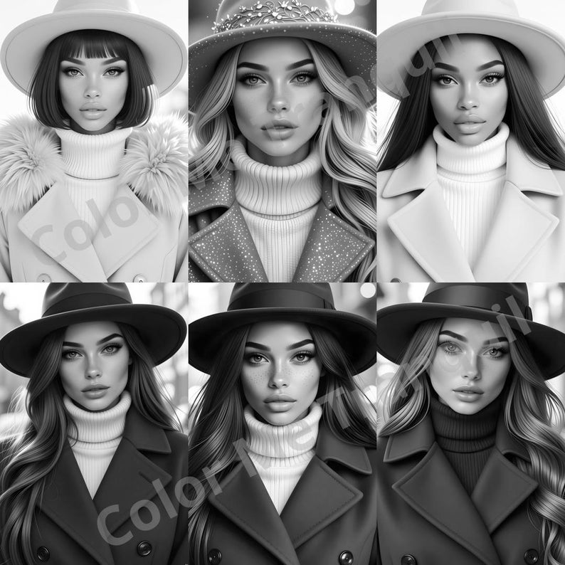Realistic Women Grayscale Coloring Pages – Winter Elegance Portraits ...