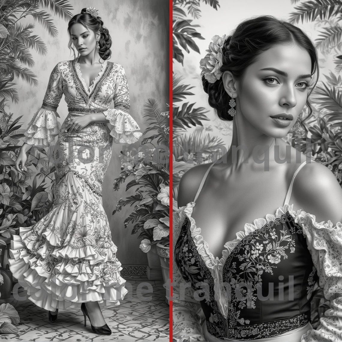 34 Flamenco Grayscale Coloring Pages Beautiful Women Traditional Clothes Spanish Instant PDF ...