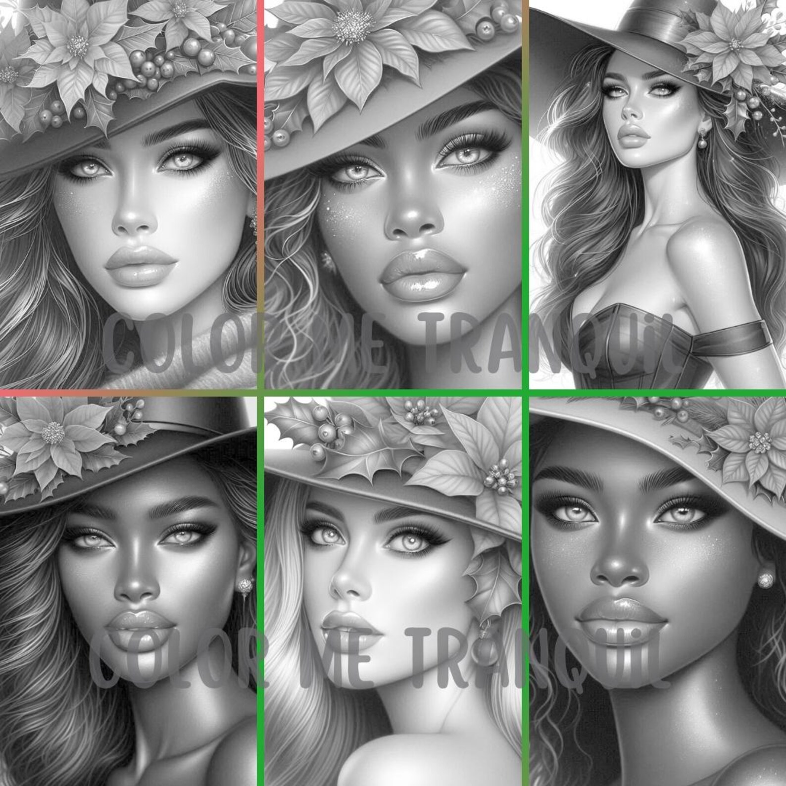 Holly Elegance Grayscale Coloring Pages for Adults (54 Pages) (PDF ...