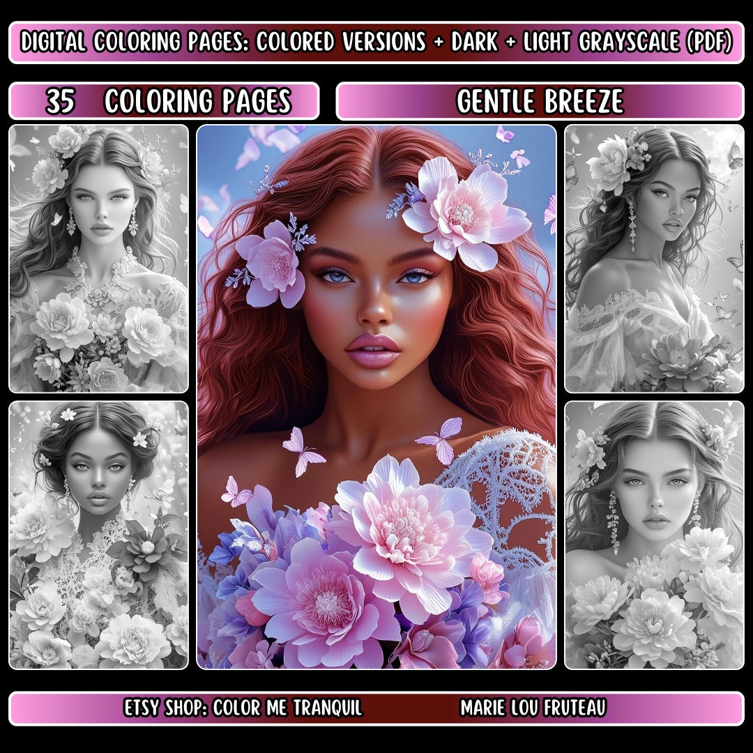 35 "gentle Breeze" Adult Grayscale Coloring Book | Beautiful Women ...