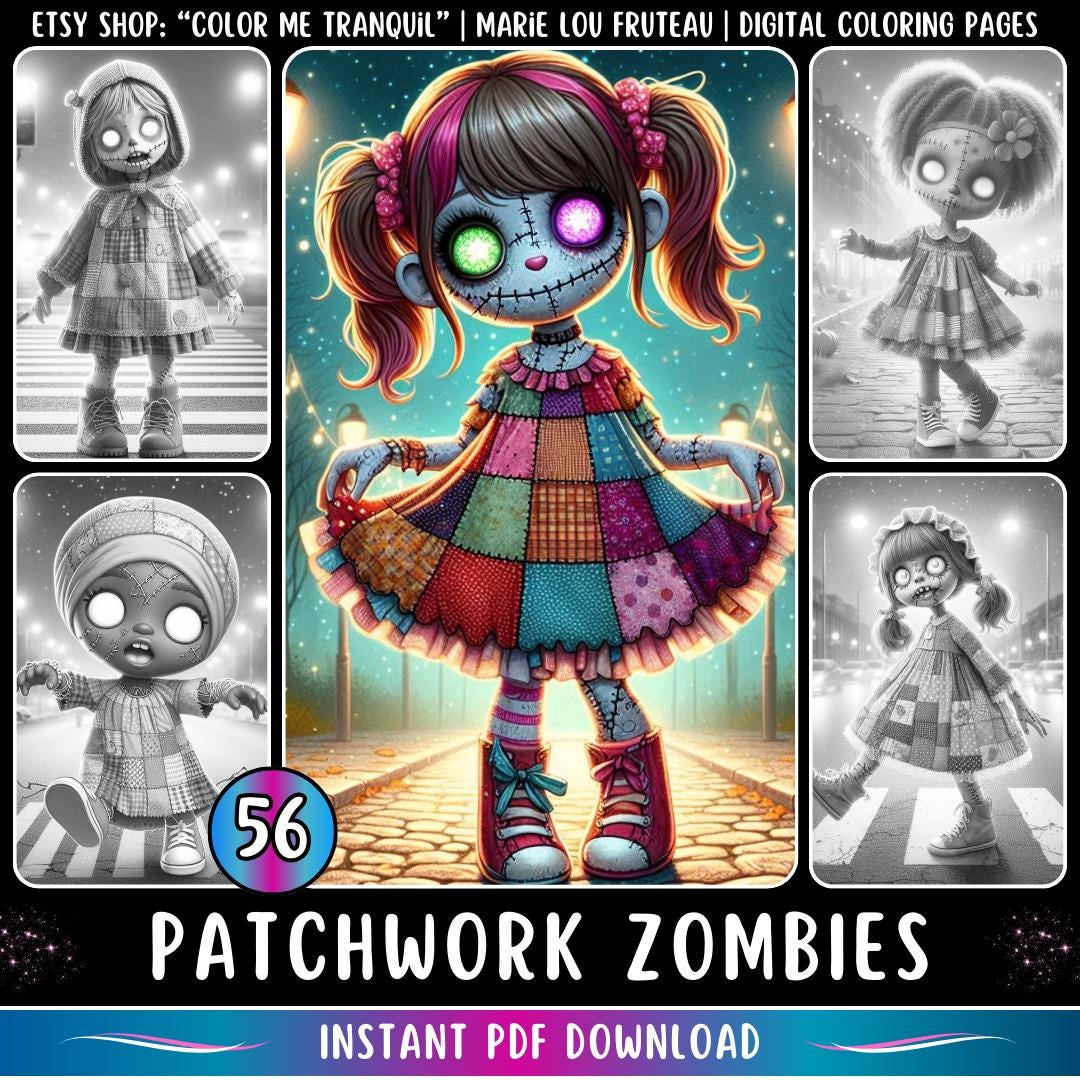 56 "patchwork Zombies" Grayscale Coloring Pages | Cute Zombies | Child ...