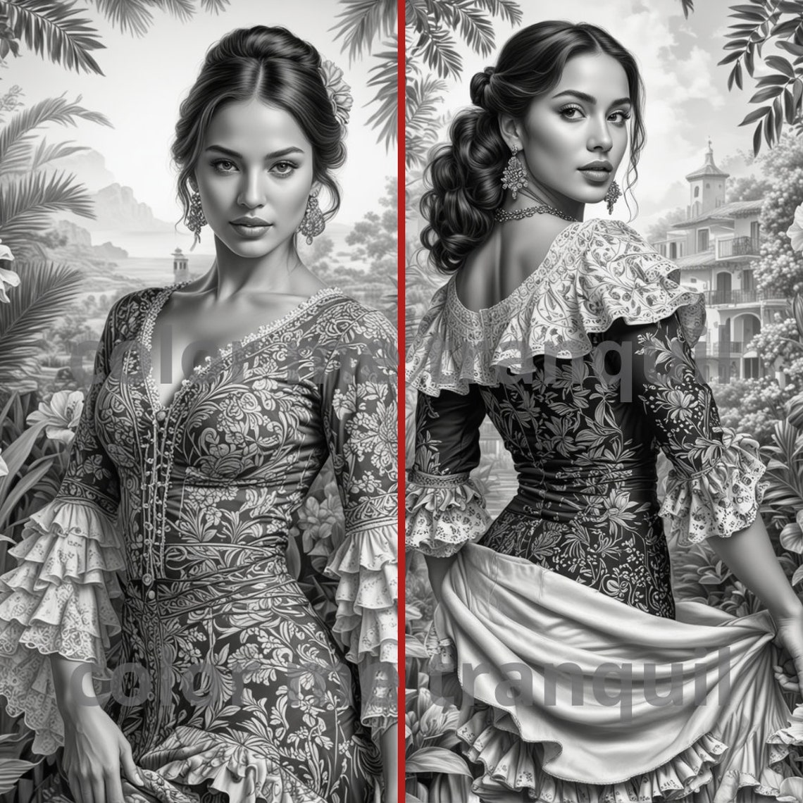 34 Flamenco Grayscale Coloring Pages Beautiful Women Traditional ...