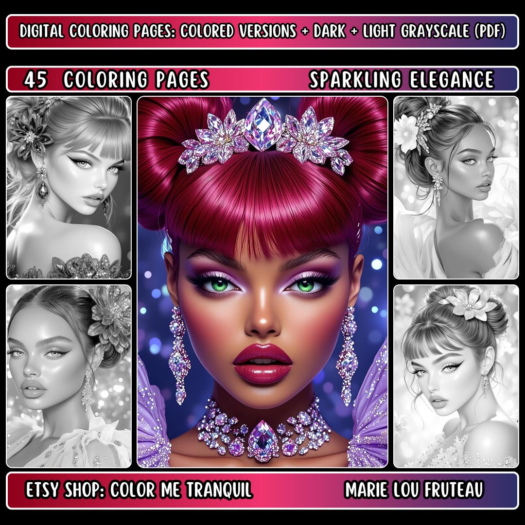 Elegant Women Coloring Pages Featuring Grayscale Rhinestone Designs ...