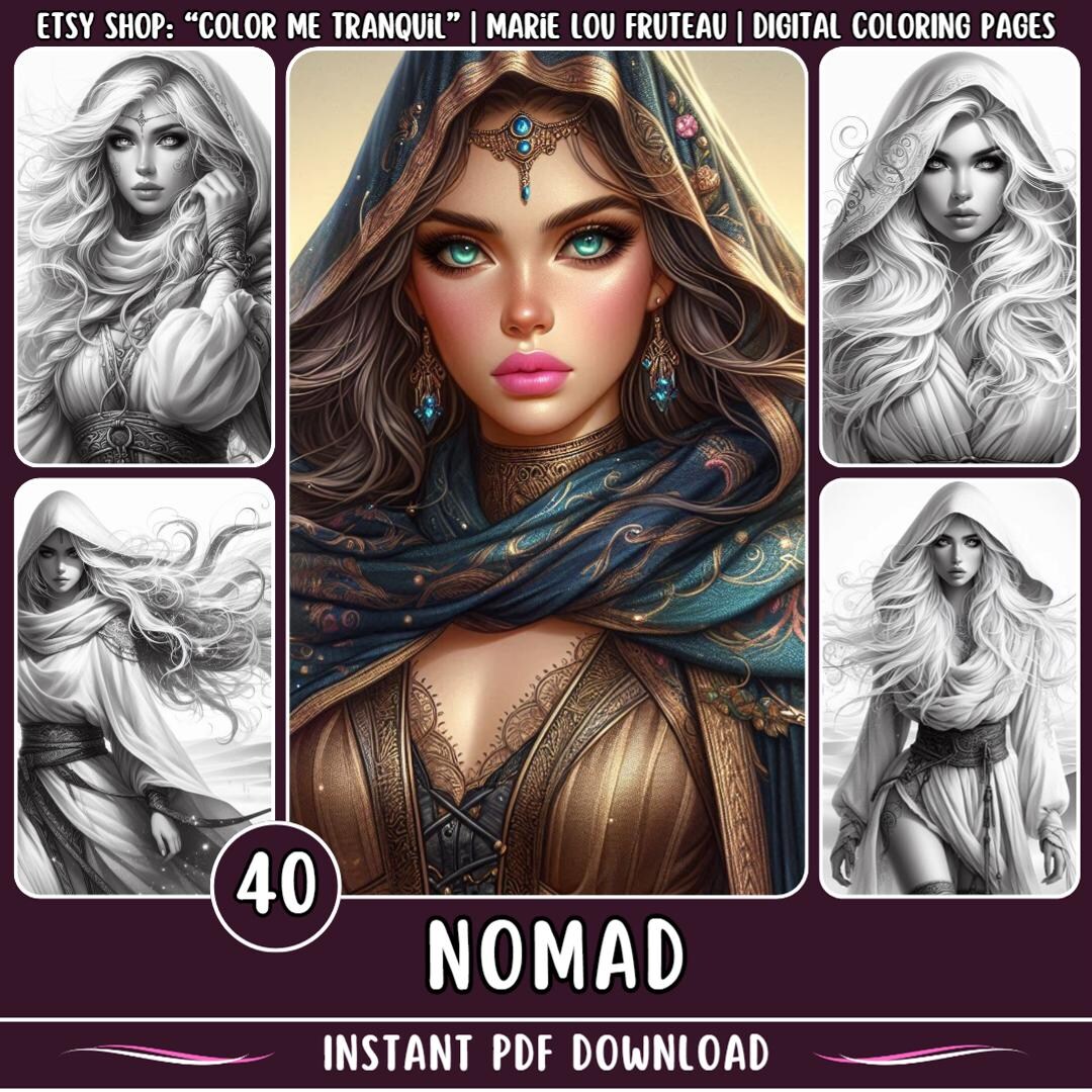 40 "nomad" Grayscale Coloring Pages | Beautiful Women | Pretty Girls | Nomadic | for Adults ...