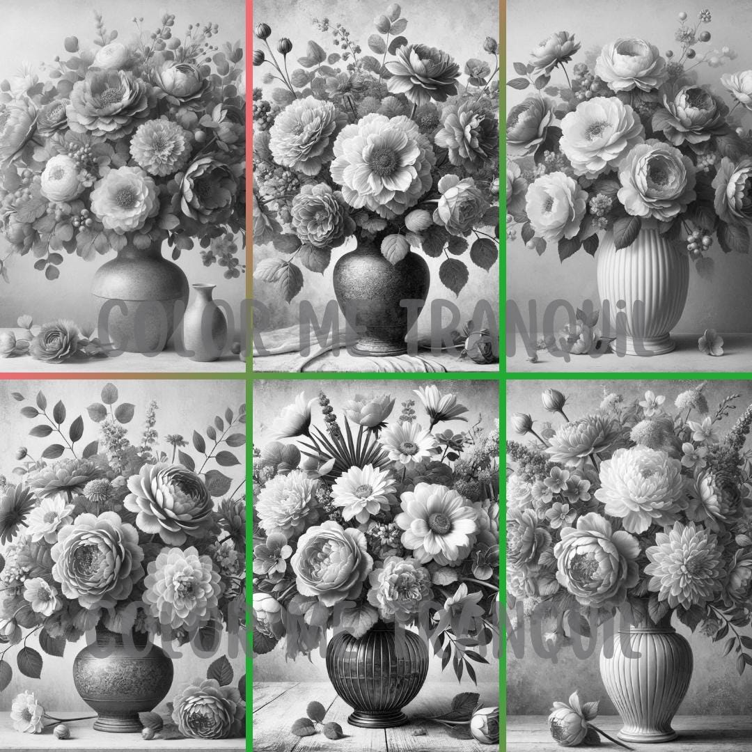 Floral Grayscale Coloring Pages for Adults Featuring Realistic Flowers ...