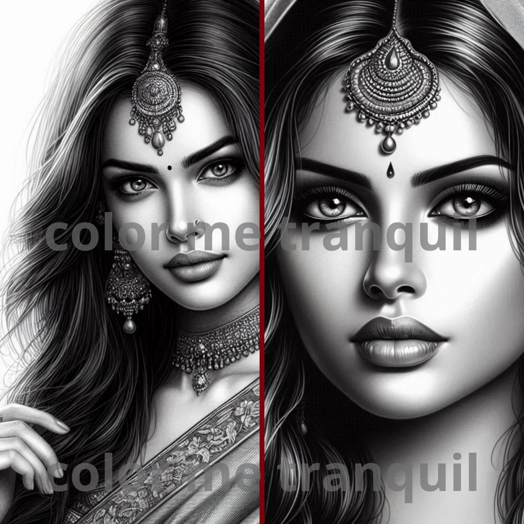 31 "indian Beauties" Grayscale Coloring Pages | Beautiful Women ...