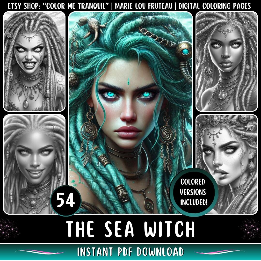 Sea Witch Grayscale Coloring Pages, Realistic Portraits, Ocean Themes ...