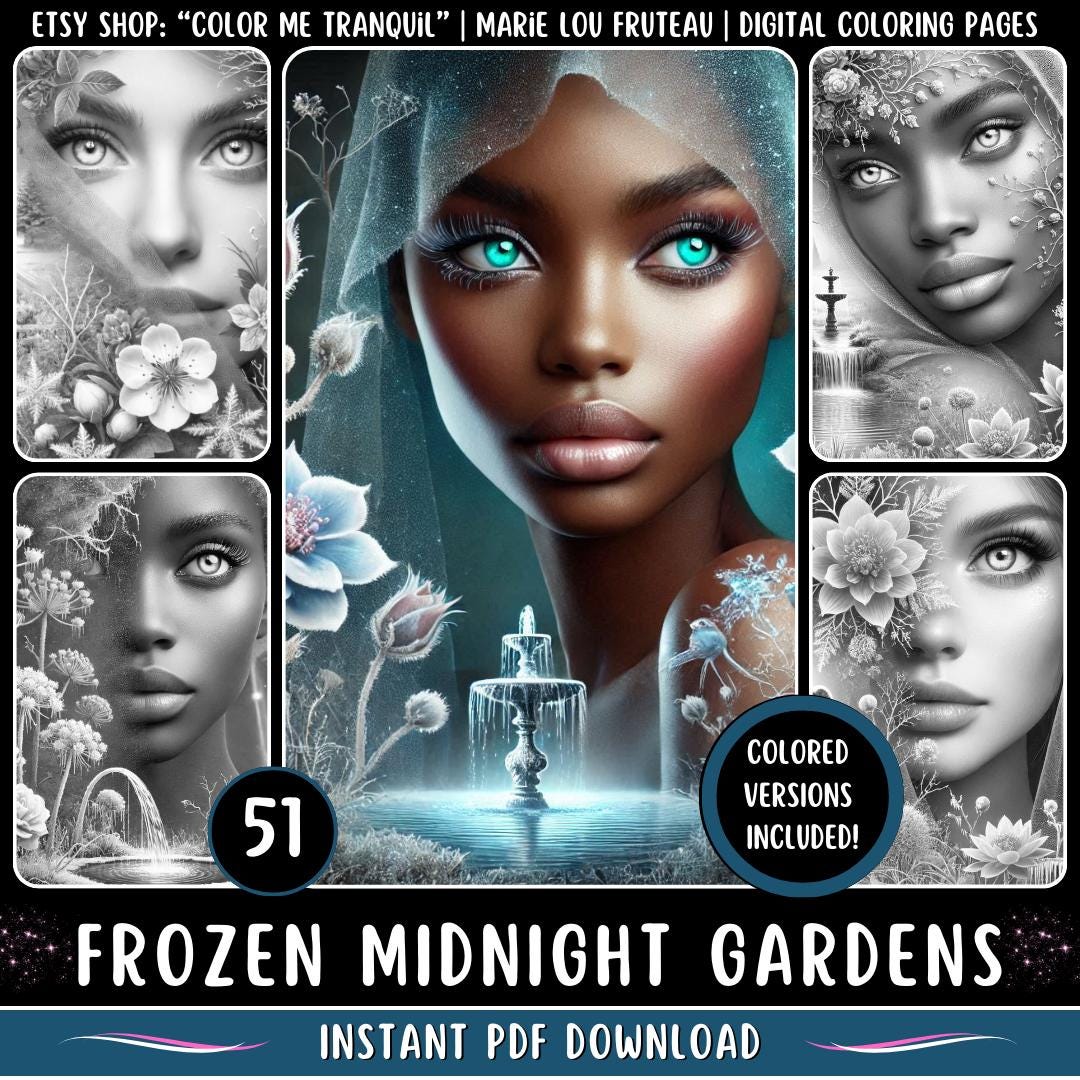 51 "frozen Midnight Gardens" Grayscale Coloring Pages for Adults ...