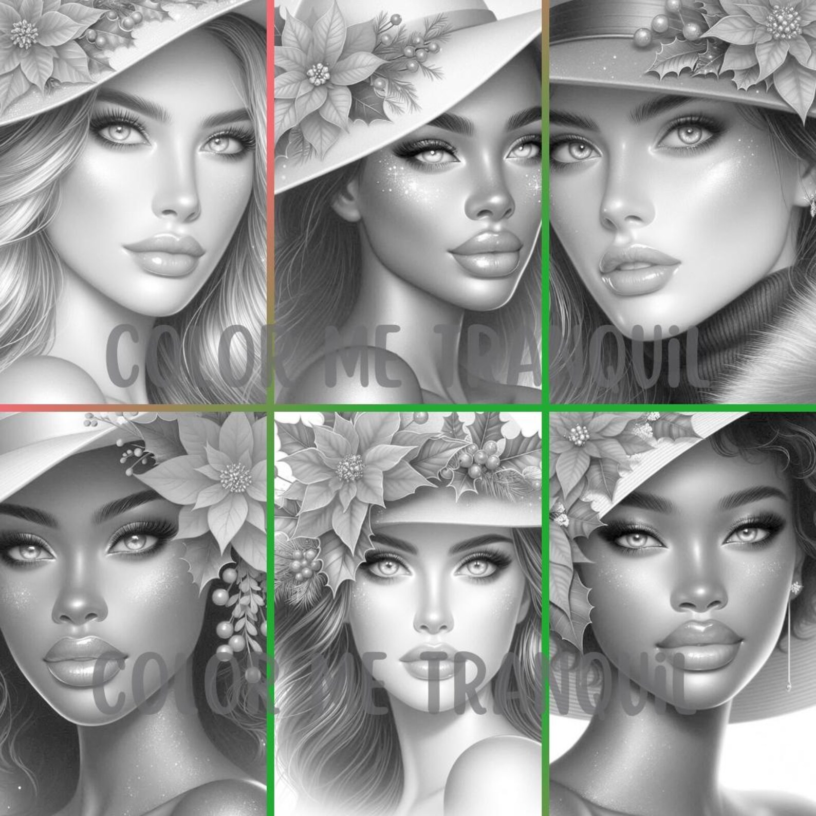 Holly Elegance Grayscale Coloring Pages for Adults (54 Pages) (PDF ...