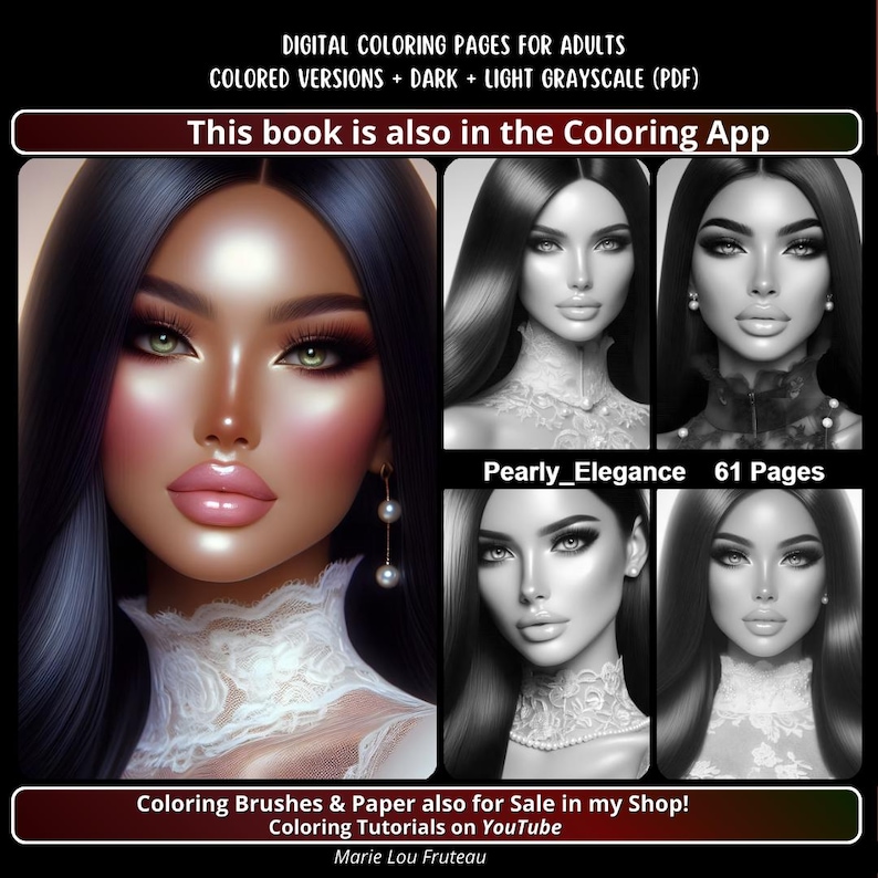 Libro para colorear: Retratos de mujeres elegantes / Arte en escala de ...