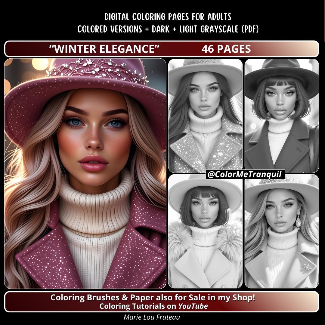 Realistic Women Grayscale Coloring Pages – Winter Elegance Portraits ...