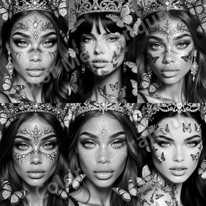 Adult Grayscale Coloring Book, Realistic Women Portraits, Butterflies ...