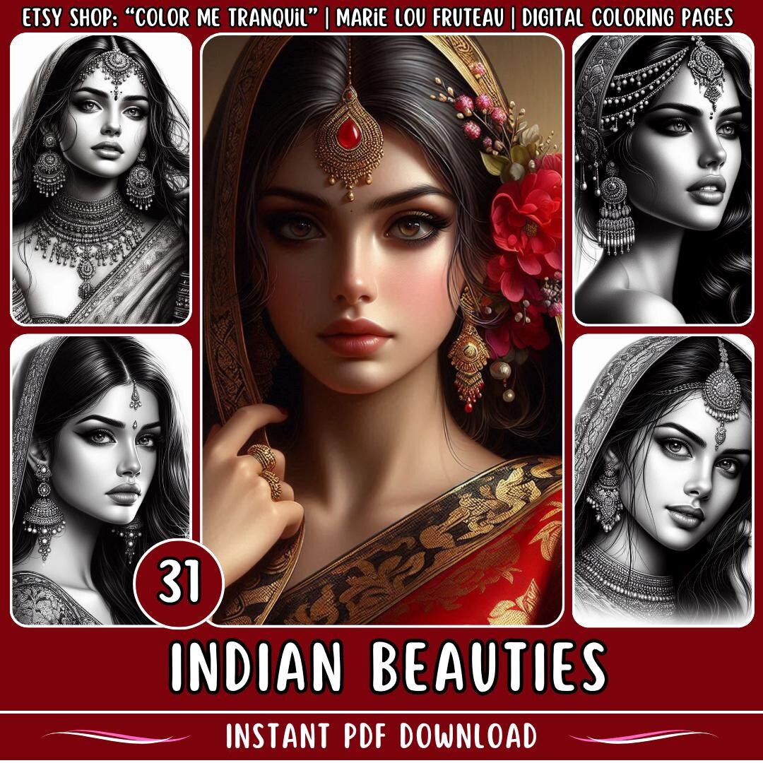 31 Indian Beauties Grayscale Coloring Pages (PDF Download) - Etsy