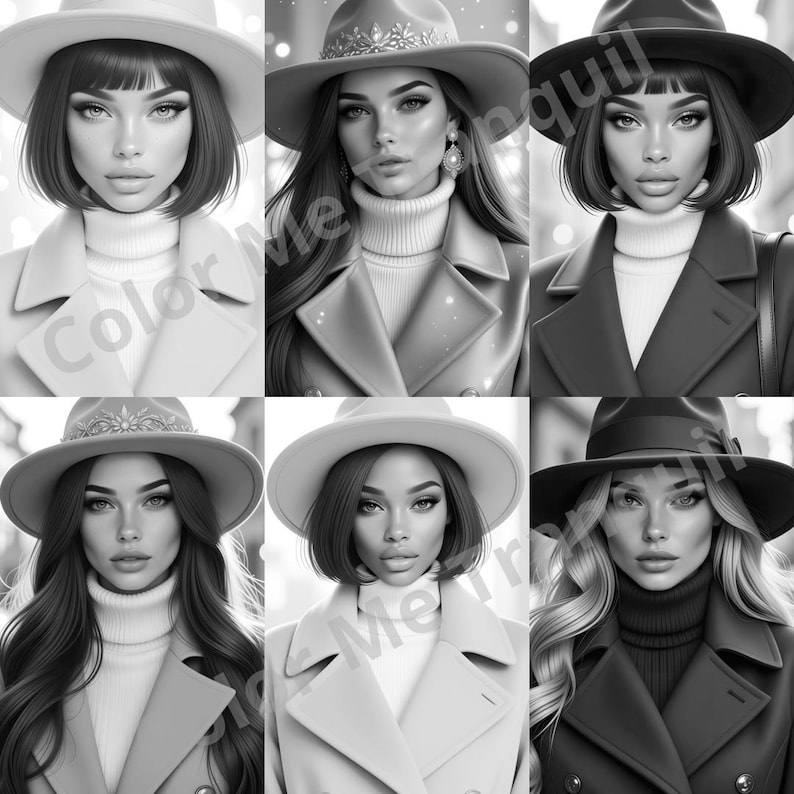 Realistic Women Grayscale Coloring Pages – Winter Elegance Portraits ...