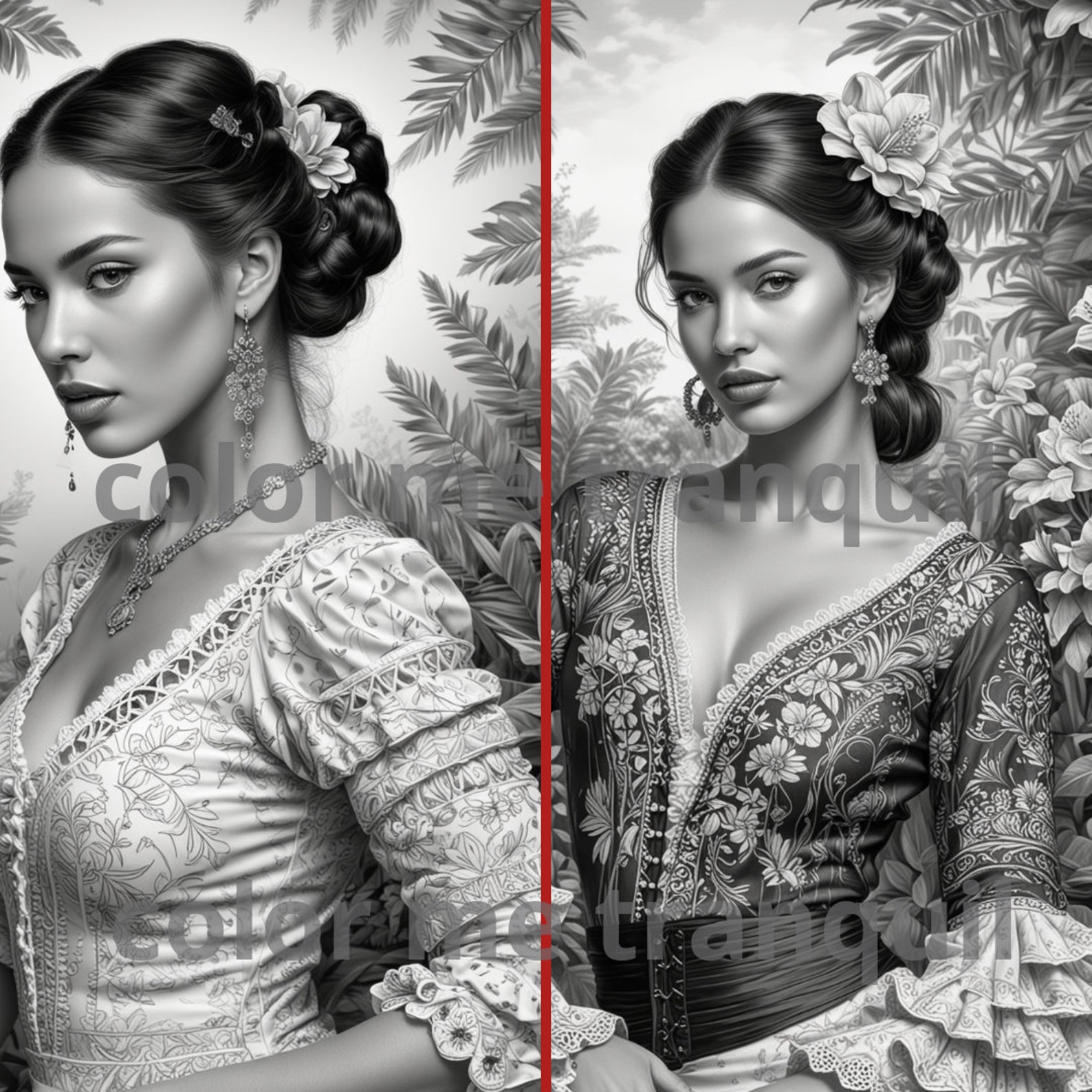 34 Flamenco Grayscale Coloring Pages | Beautiful Women | Traditional Clothes | Spanish | Instant ...