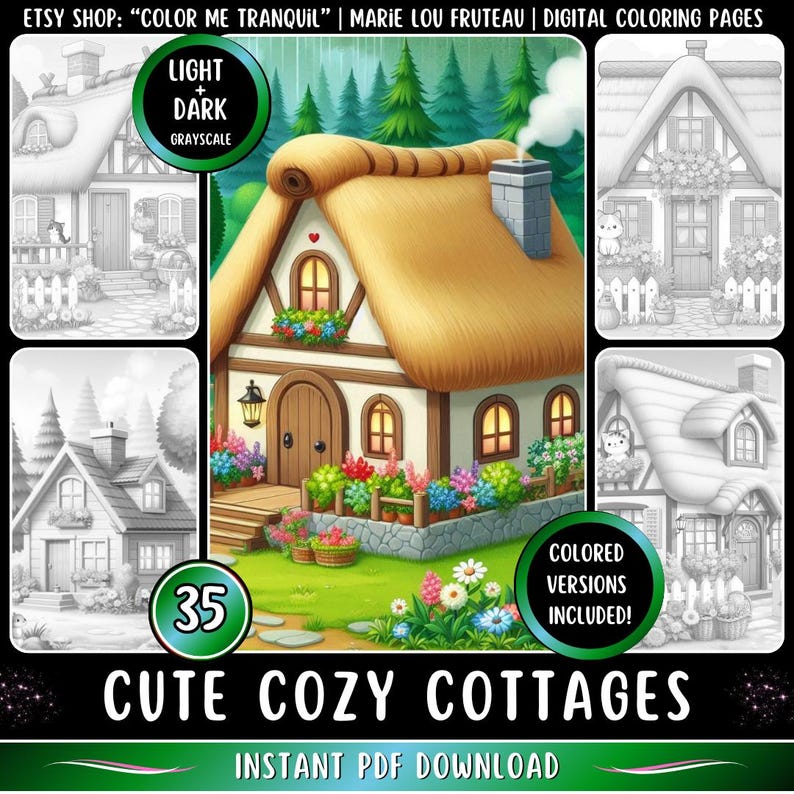 Cozy Cottage Coloring Pages in Grayscale & Colored (PDF Download) - Etsy