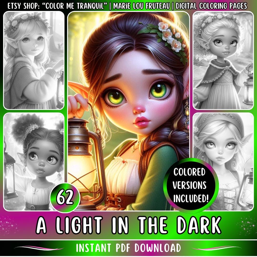 Elf Girls Grayscale Coloring Pages | Forest Lanterns (digital Download ...